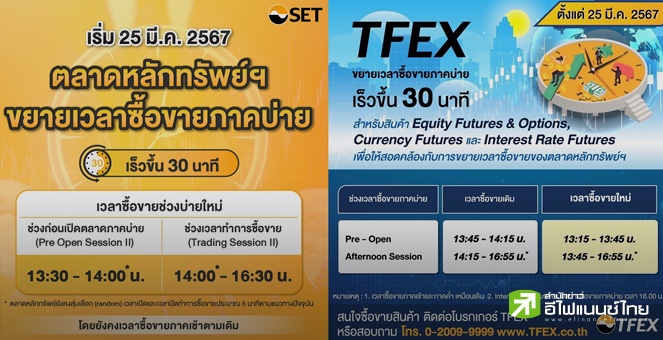 SET - mai- TFEX ขยายเวลาทำการซื้อขายช่วงบ่ายเร็วขึ้น 30 นาที เริ่ม 25 มี.ค. นี้